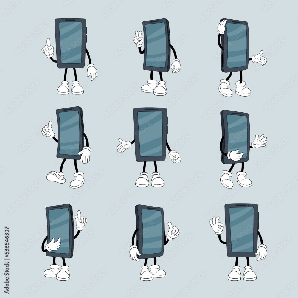 Phone characters template, mobile with arm and leg, blank face. Happy ...