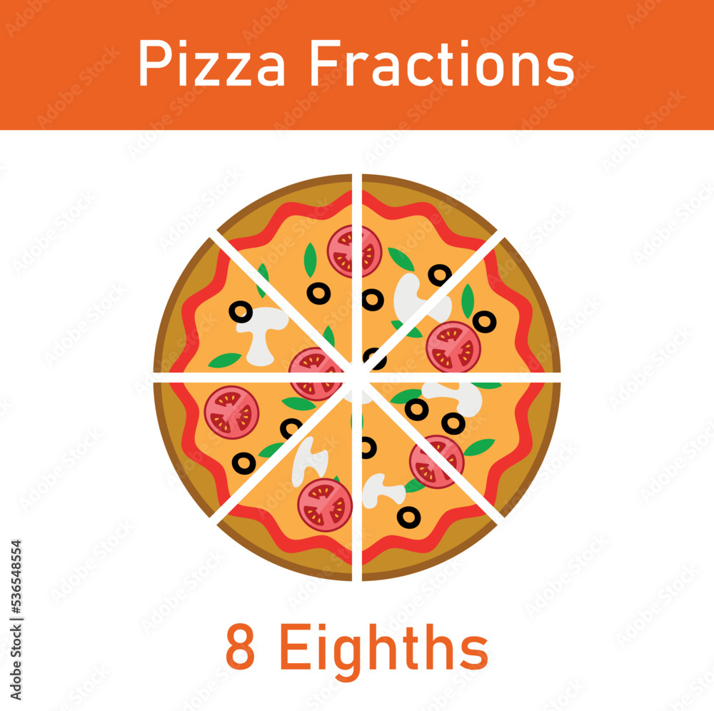 Eight eighths pizza fractions. Fraction for kids. Pizza slices. Fraction fun with pizza. vector ...
