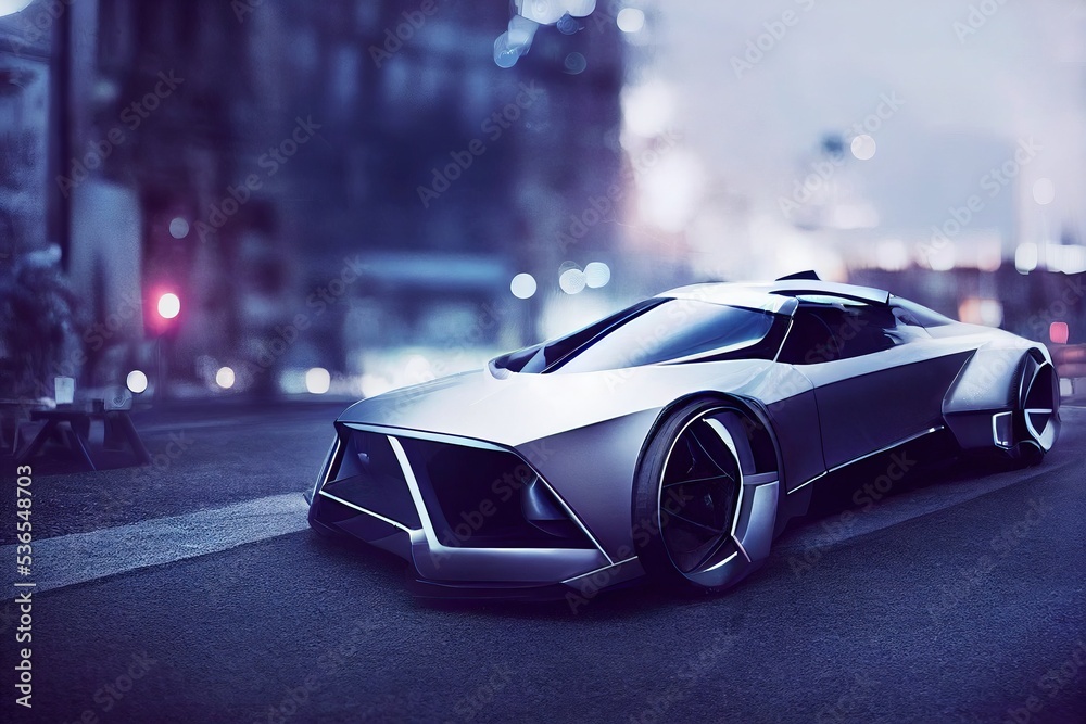 Image of a futuristic car against the backdrop of the city of the ...