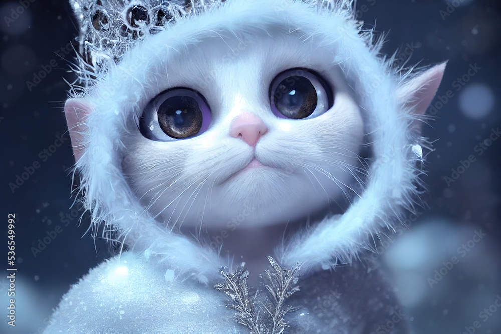 Cut ice queen cat cartoon animation character in snow field 3D ...