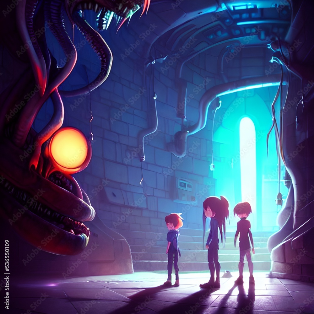 cartoon illustration of children in a colorful dungeon Stock ...