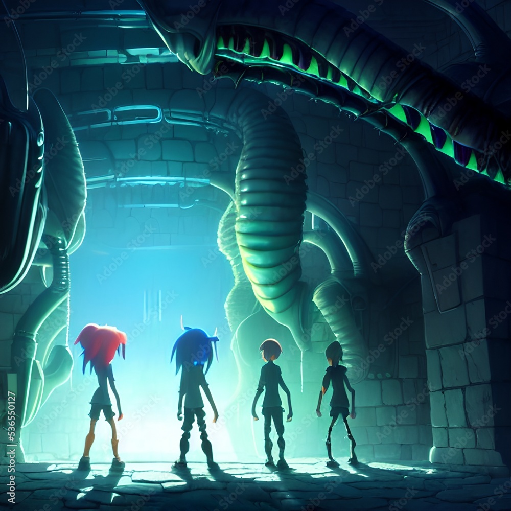 cartoon illustration of children in a colorful dungeon Stock ...