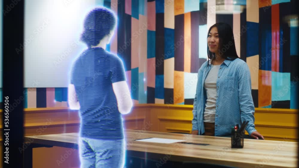 Asian woman talks on the call with her friend using augmented reality ...