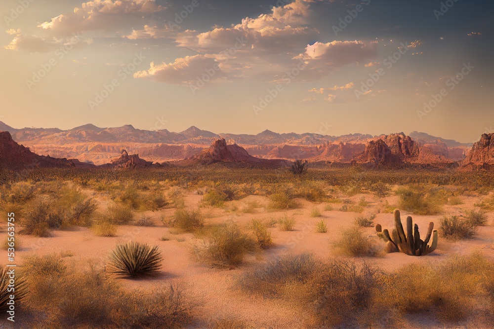 The arid landscape of the hot Sahara Desert. Cacti and sand with dunes ...