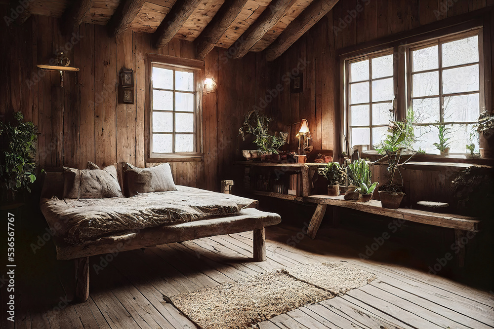 Cozy Rustic Wooden Log Cabin House Interior Warm Lights Indoor Plants Double Bed Luxury