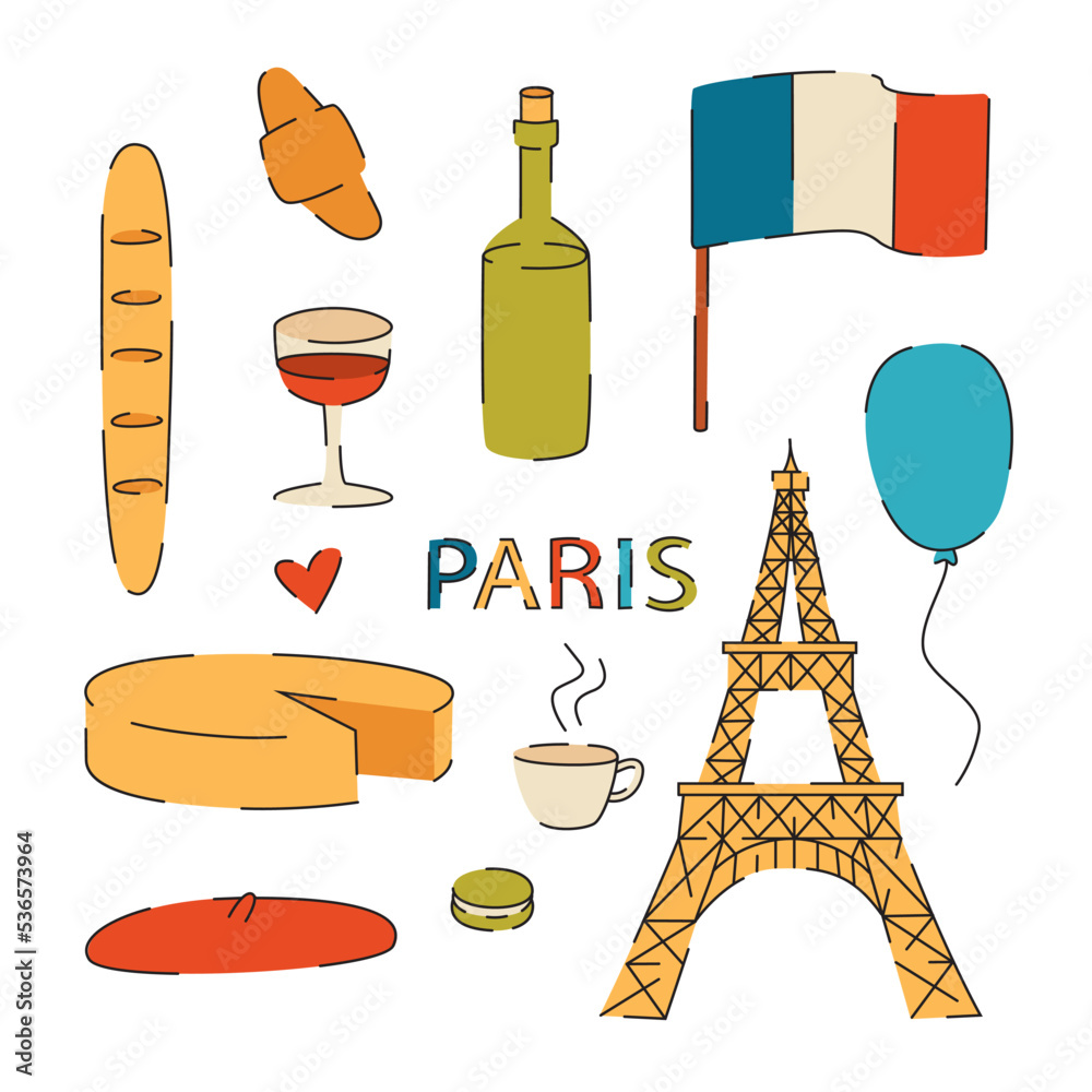 Color vector flat illustration of Paris. Vector set of icons about ...