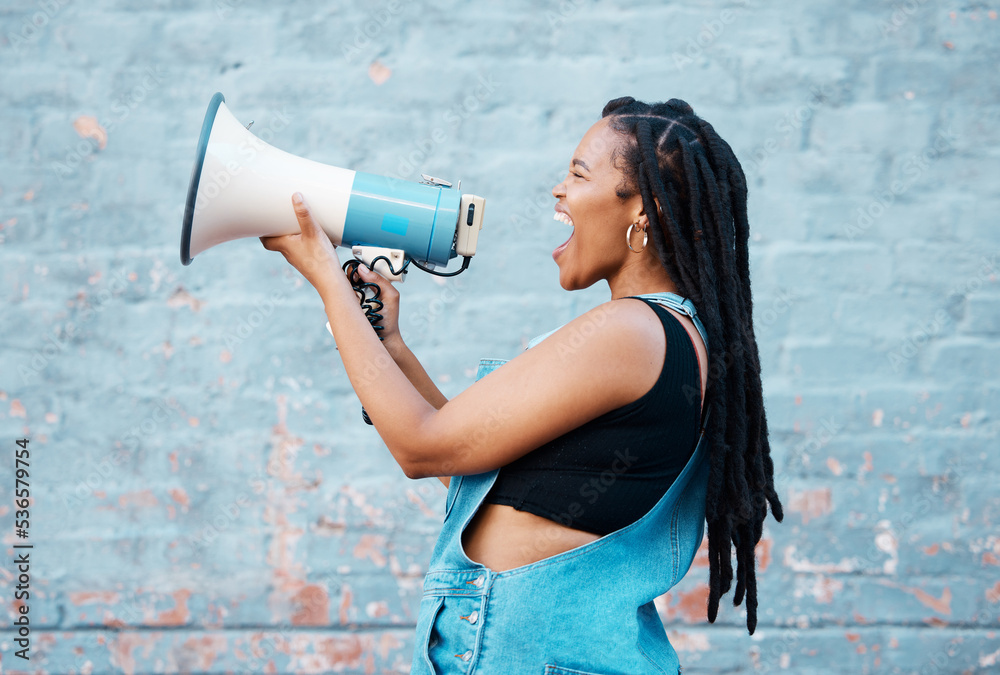 Megaphone voice, black woman and attention for speech, protest and loud ...