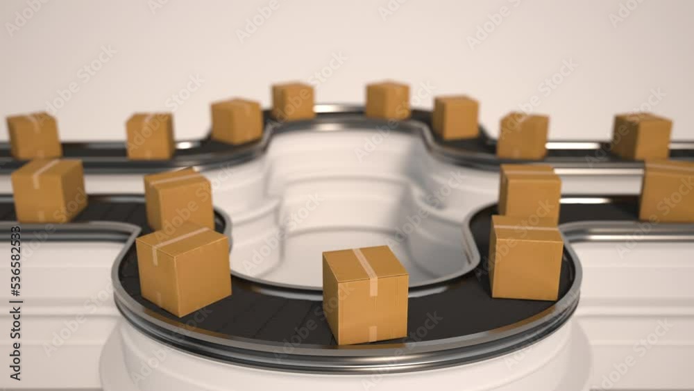 Boxes with parcels from the marketplace are moving along a long ...