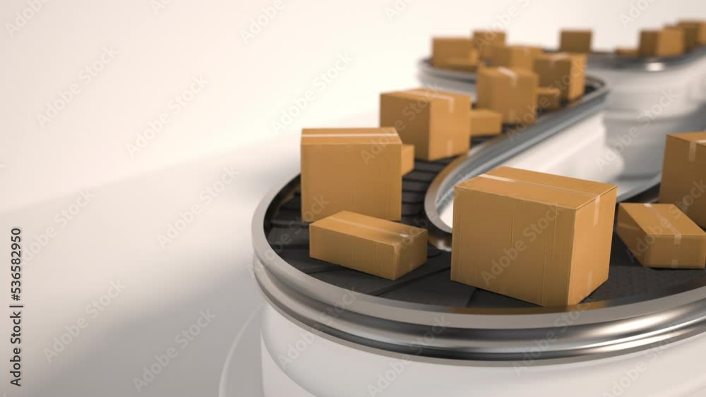 Boxes with parcels from the marketplace are moving along a long ...