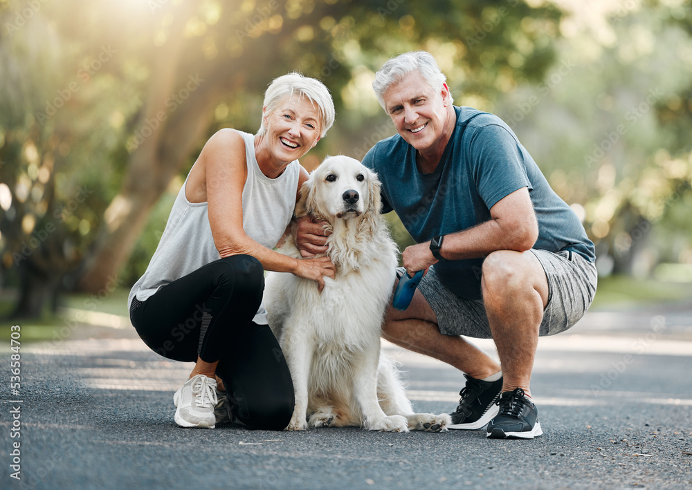 Happy senior couple, walking dog in nature park and smile bonding with ...