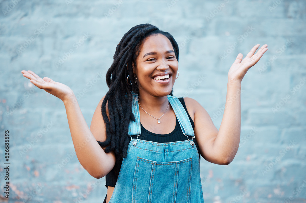 Black woman, smile and hands for confused or unsure gesture posing ...