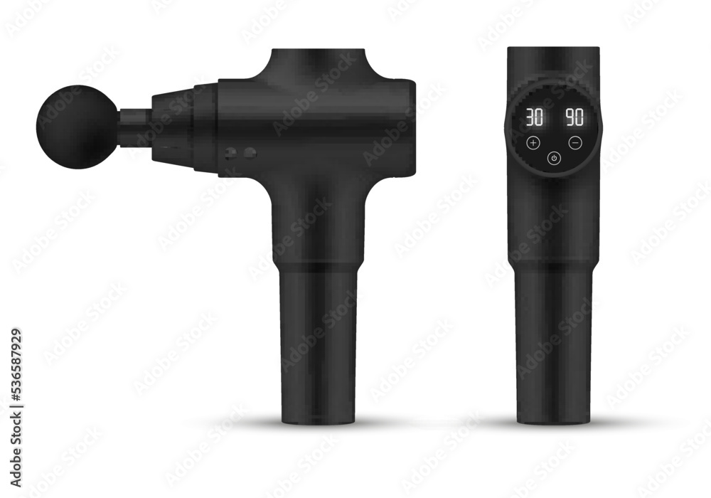 Black handheld percussion massage gun back side view set realistic ...