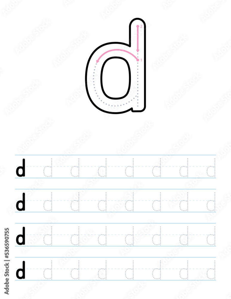 Trace lowercase letter d worksheet for kids Stock Vector | Adobe Stock