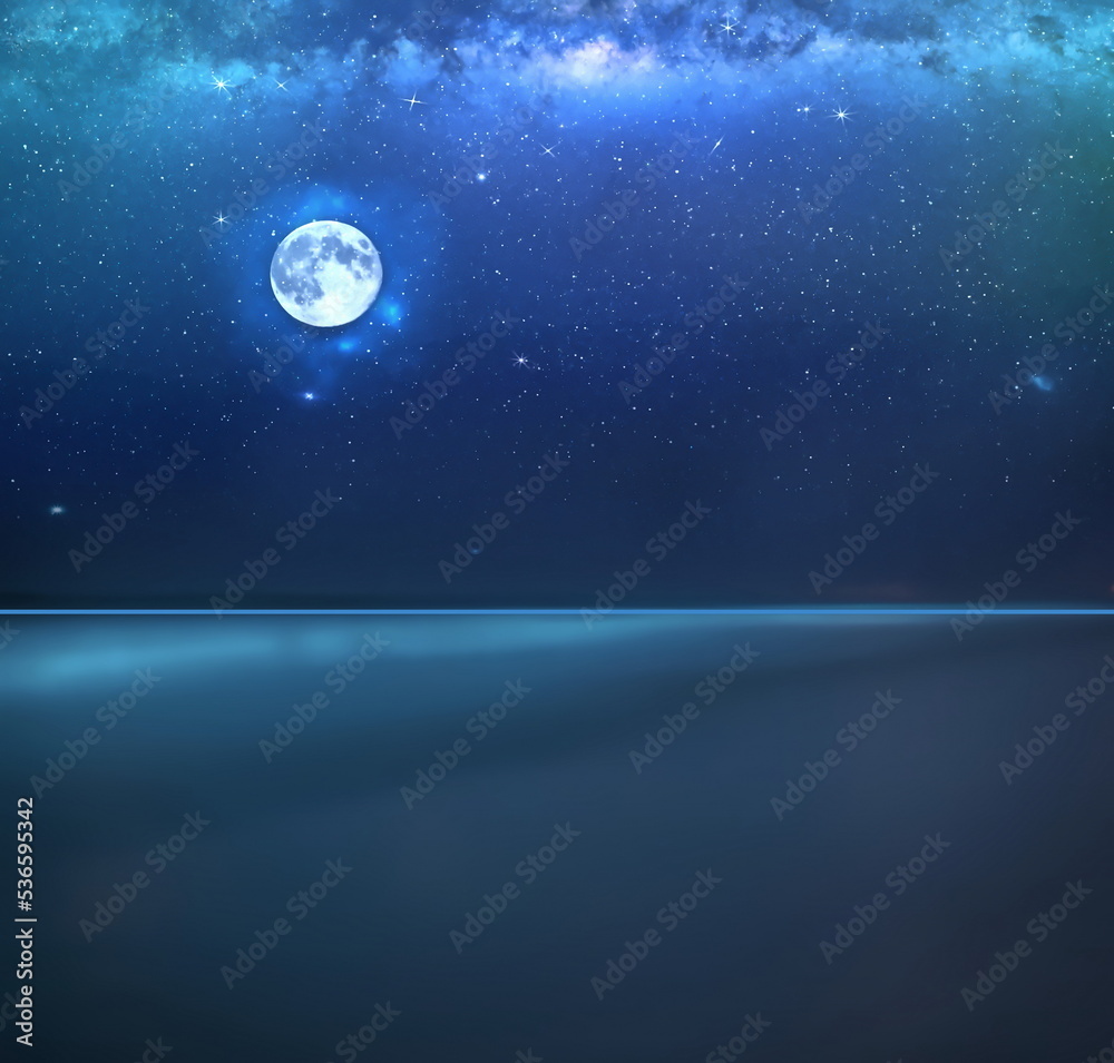 starry sky blue moon nebula reflection on on sea water beautiful ...