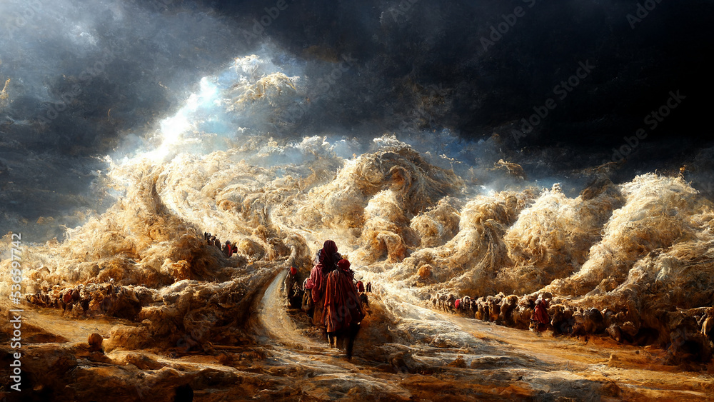 Illustration of the Exodus of the bible, Moses crossing the Red Sea ...