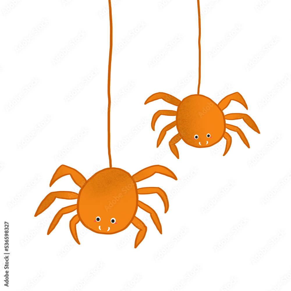 hanging orange spiders with web for decoration, hand drawn style ...