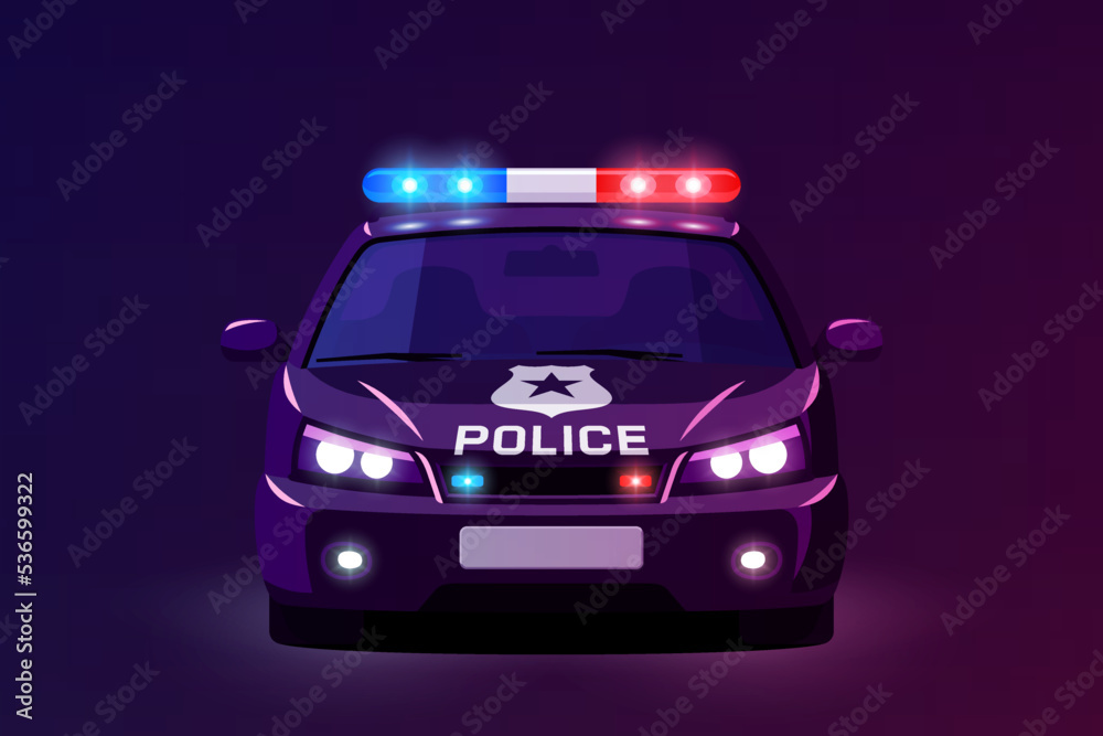 Icon of police car with red blue flashing lights on dark purple ...