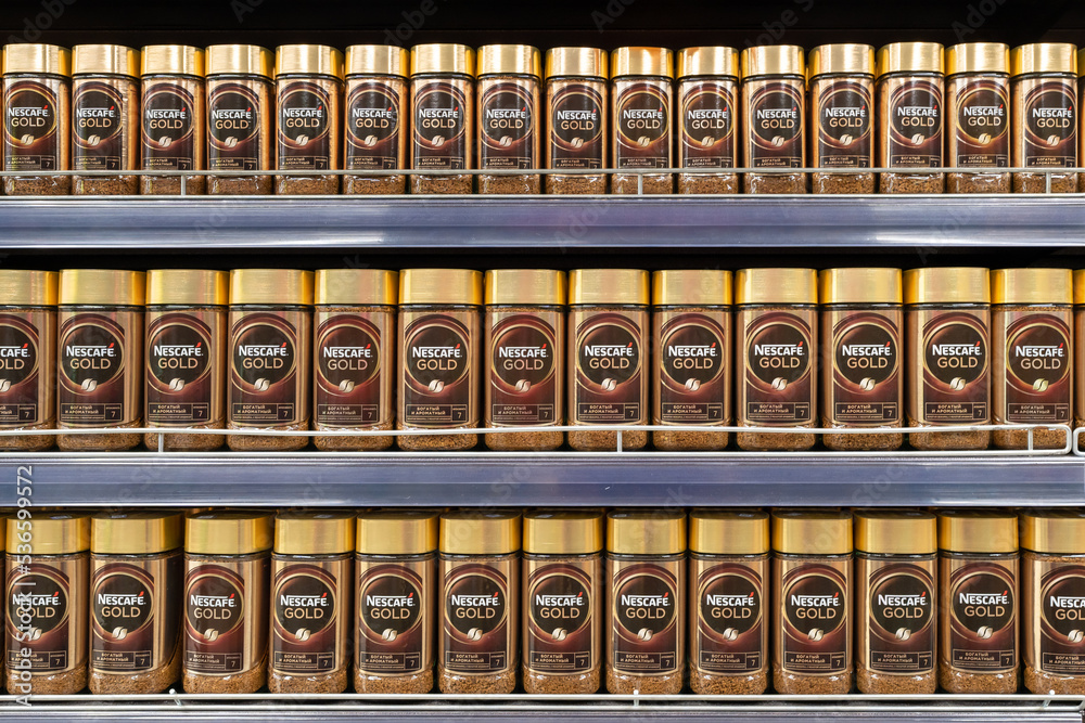 Nescafe Gold coffee on store shelf. Nescafe instant coffee. Nescafe is ...