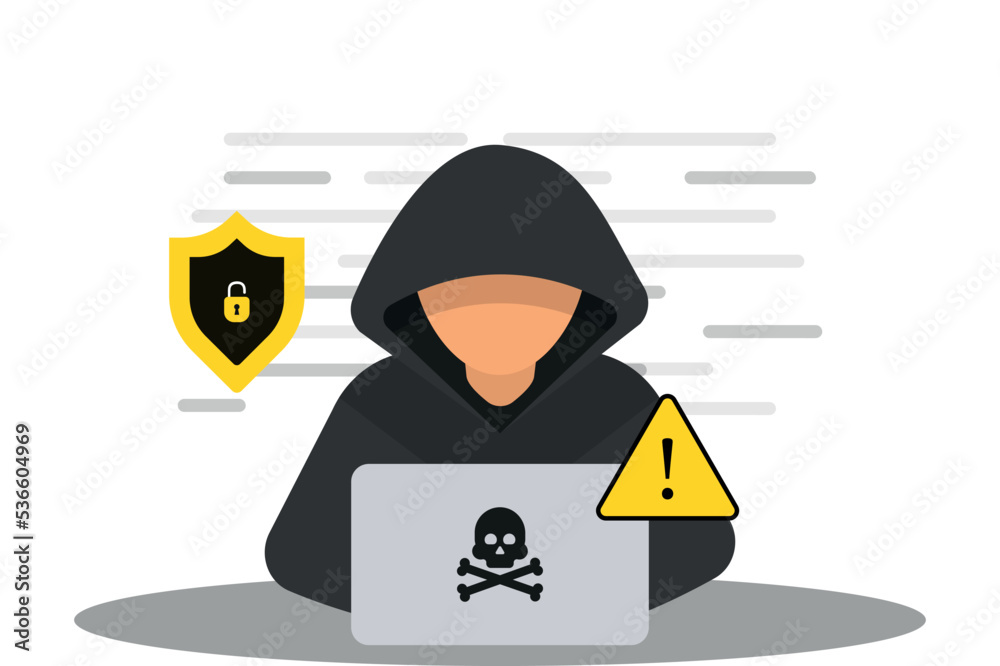 Hacker, cyber criminal with laptop. Hacker in black hood with laptop ...