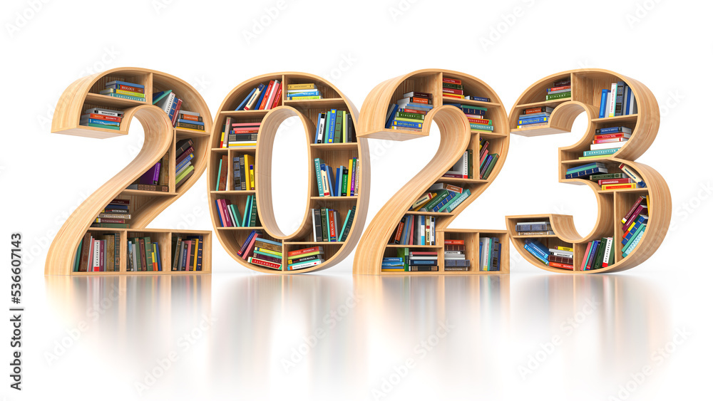 Happy 2023 new year education concept. Bookshelves with books in the ...