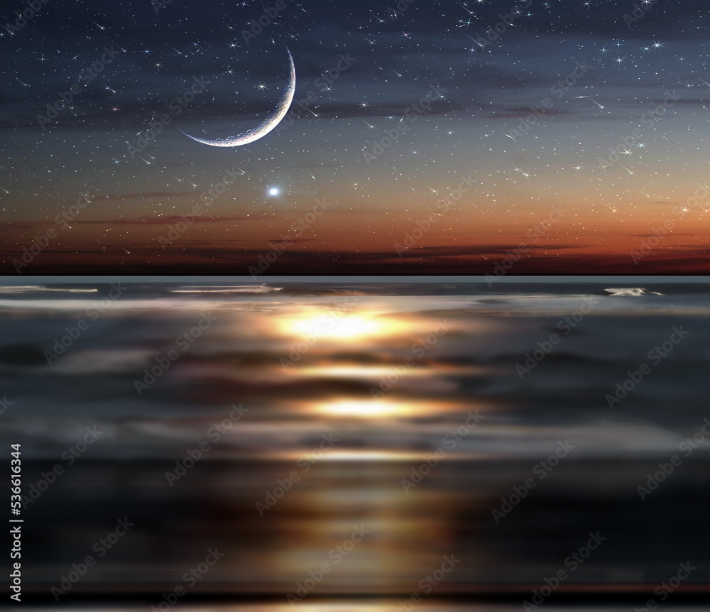 sunset reflection at sea water beach sand night blue starry sky and ...