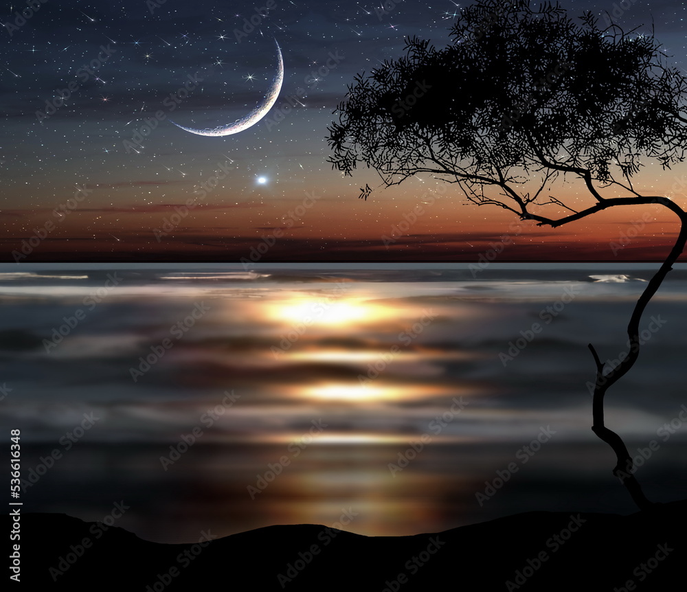 sunset reflection at sea water beach sand night blue starry sky and ...