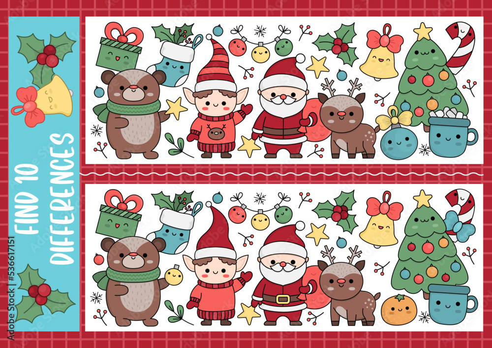 Christmas find differences game for children. Attention skills activity ...