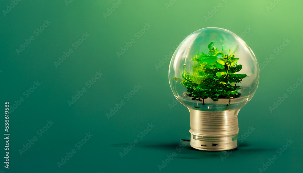 Light bulb with green tree inside with energy resources icon. Electricity and energy saving ...