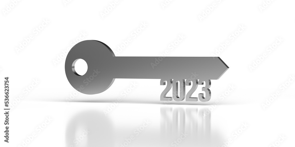 Silver metallic Key to 2023 on white background, copy space, clipping ...