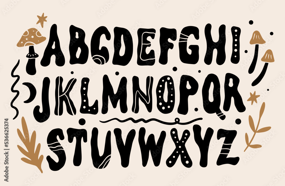 Hippie bohemian groovy postmodern funky font alphabet 1960s boho ...