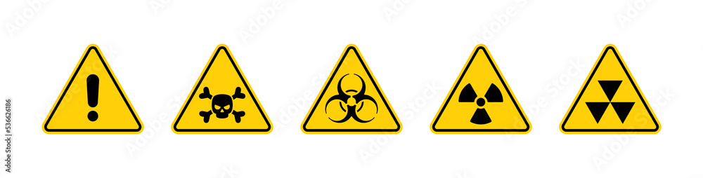 Set of warning signs with a skull, biohazard, radioactive and fallout ...