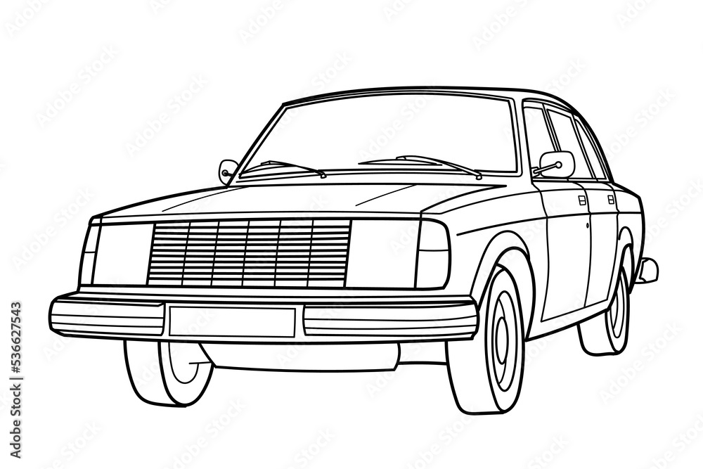Classic sedan car 70s style on white background. Cartoon vector doodle ...