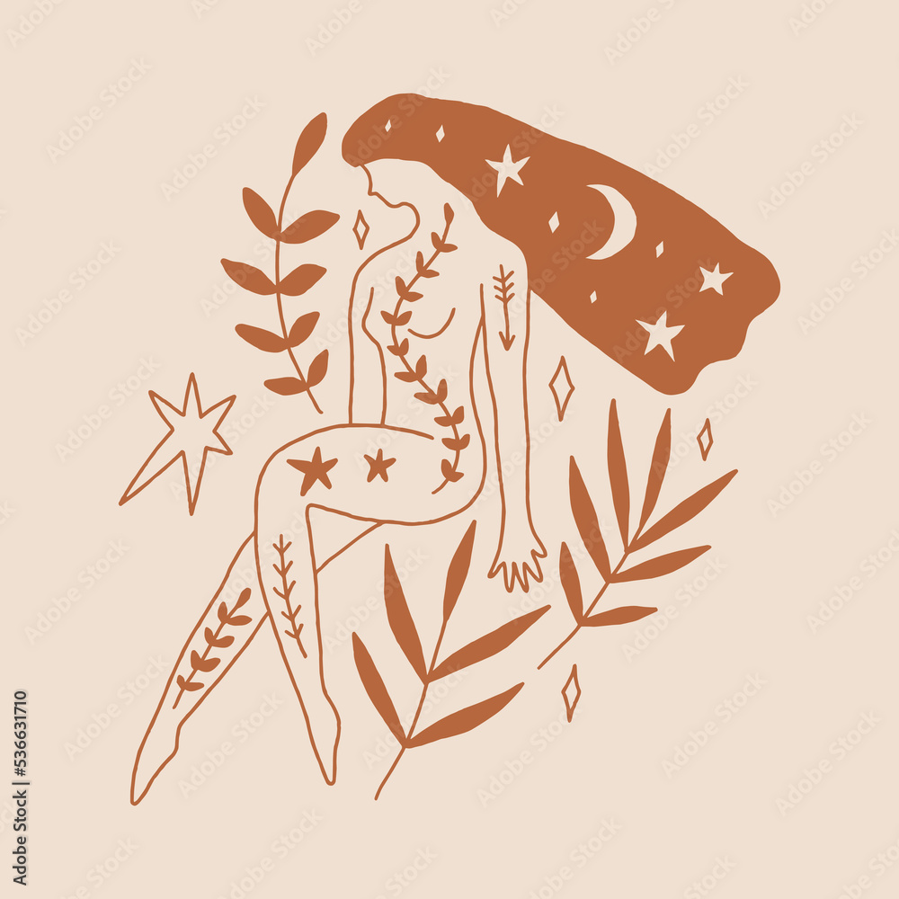 Divine Celestial Goddess Vector Clipart Illustration Boho Sacred Magic