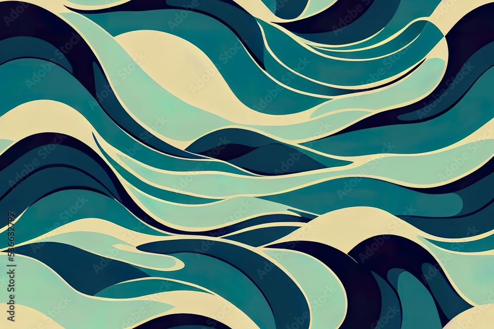 Japanese wave pattern with abstract art background 2d. Water surface and ocean elements template ...