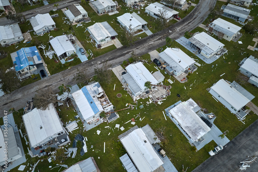 Badly damaged mobile homes after hurricane Ian in Florida residential ...