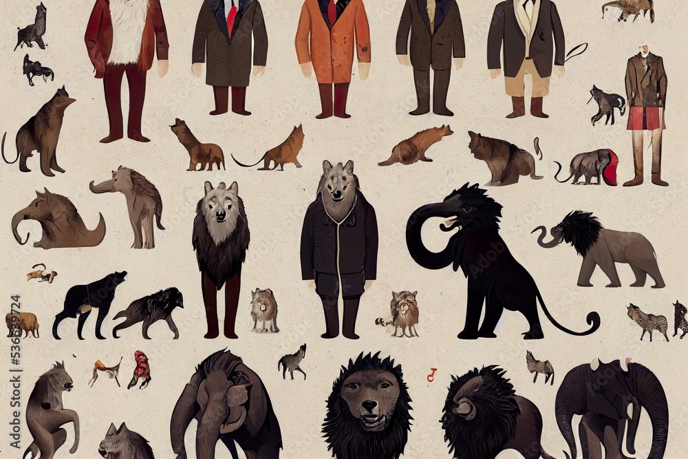 Animals in clothes. Concept graphic in vintage style. Wolf, Bird, Lion ...