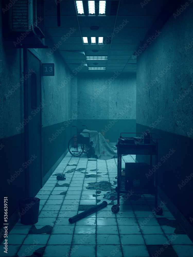 Creepy abandoned hospital or asylum corridor with equipment scattered ...