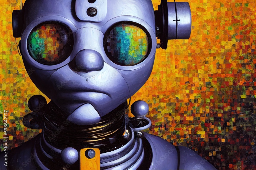 anthropomorphic robot artist in the studio next to the easel, painting ...