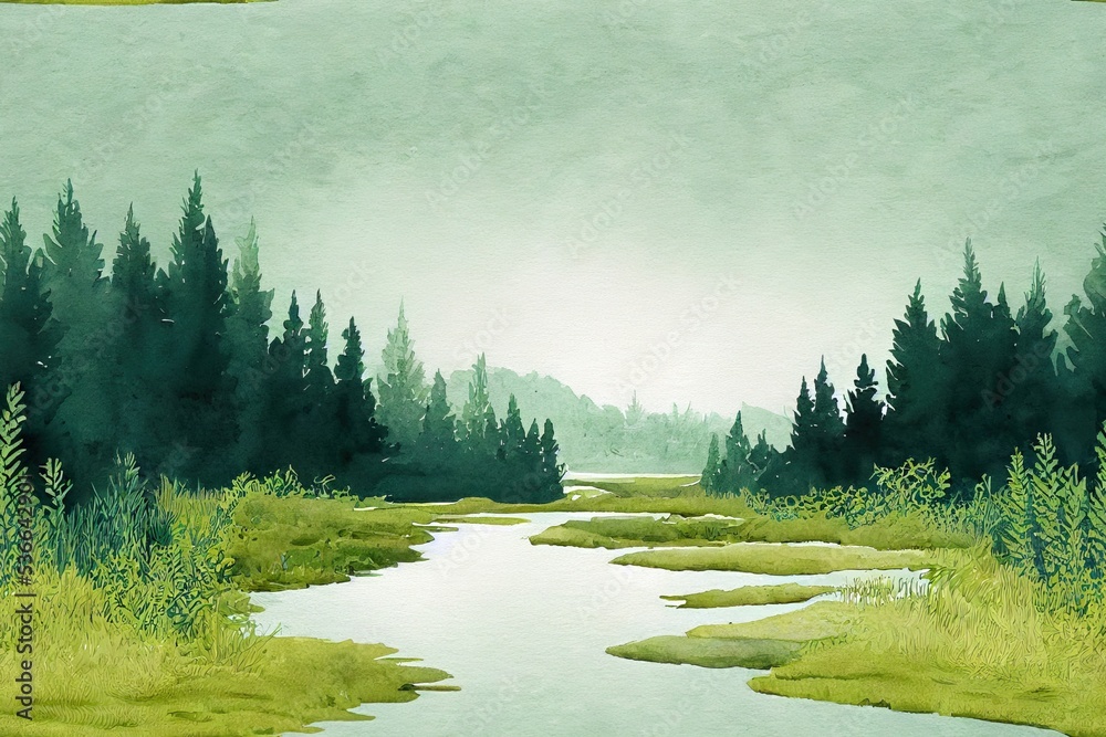 River bank seamless border. Watercolor illustration. Hand drawn ...