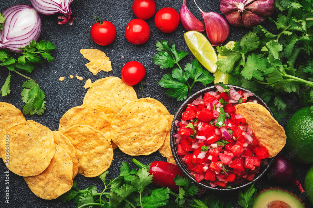 Mexican food. Spicy salsa sauce with tomatoes, chili peppers, onion ...