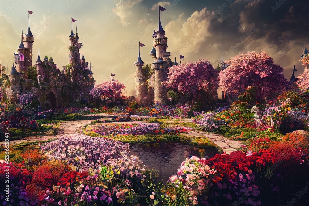 Fantasy garden castle with many flowers, roses and clouds illustration ...