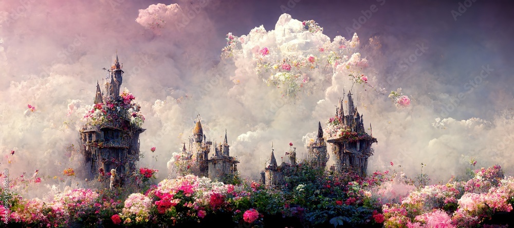 Fantasy garden castle with many flowers, roses and clouds illustration ...