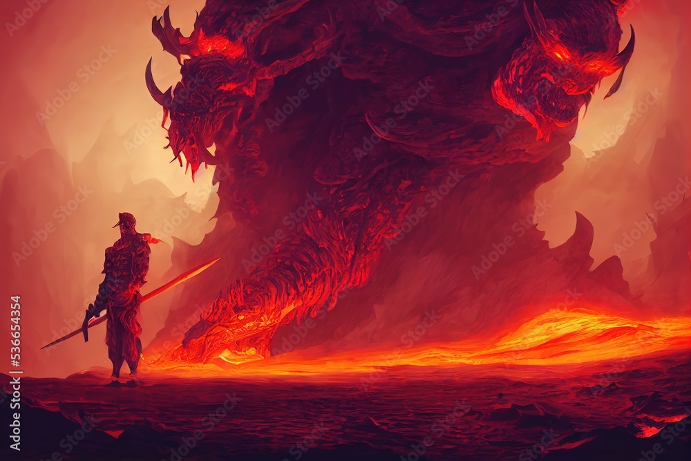 Knight with a sword facing the lava demon in hell . Concept art ...