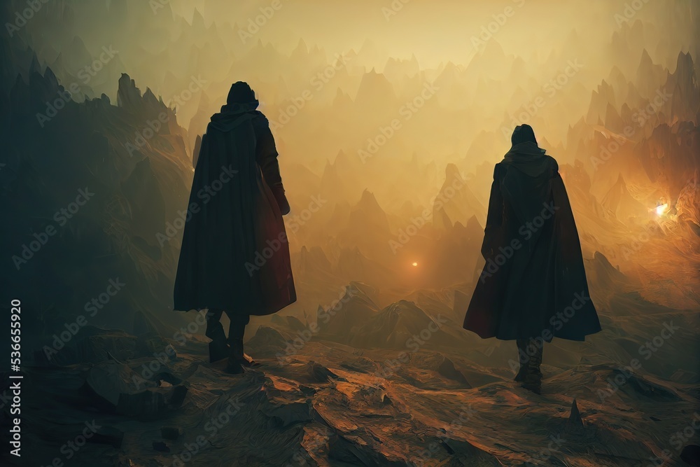 Two assassins are standing near the camp. Rear view. Concept art ...