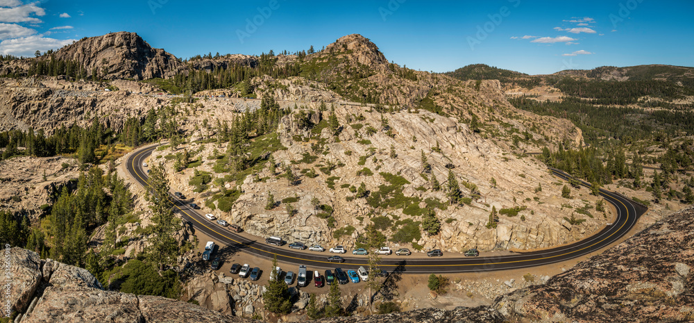 Donner Summit Pass Road, aka historic US Route 40 near Lake Tahoe, curves around Donner Summit ...