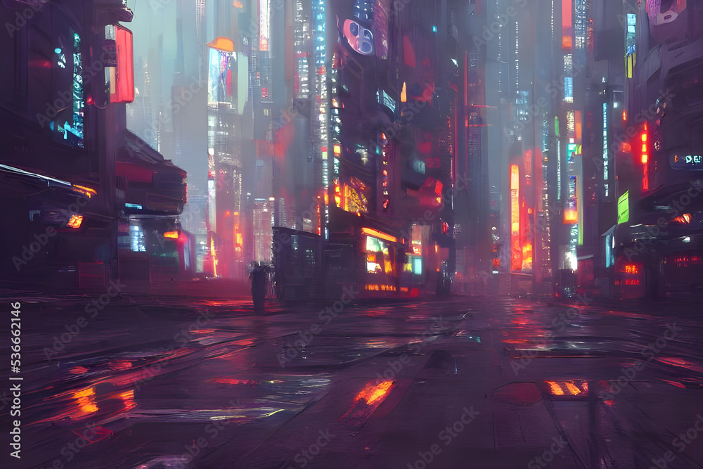a cyberpunk city street with neonlights and dark silhouettes of people ...