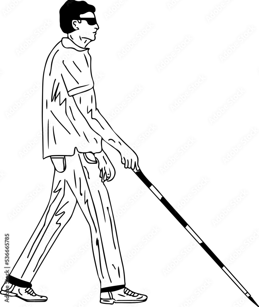 Blind man walking with stick vector illustration, outline sketch ...