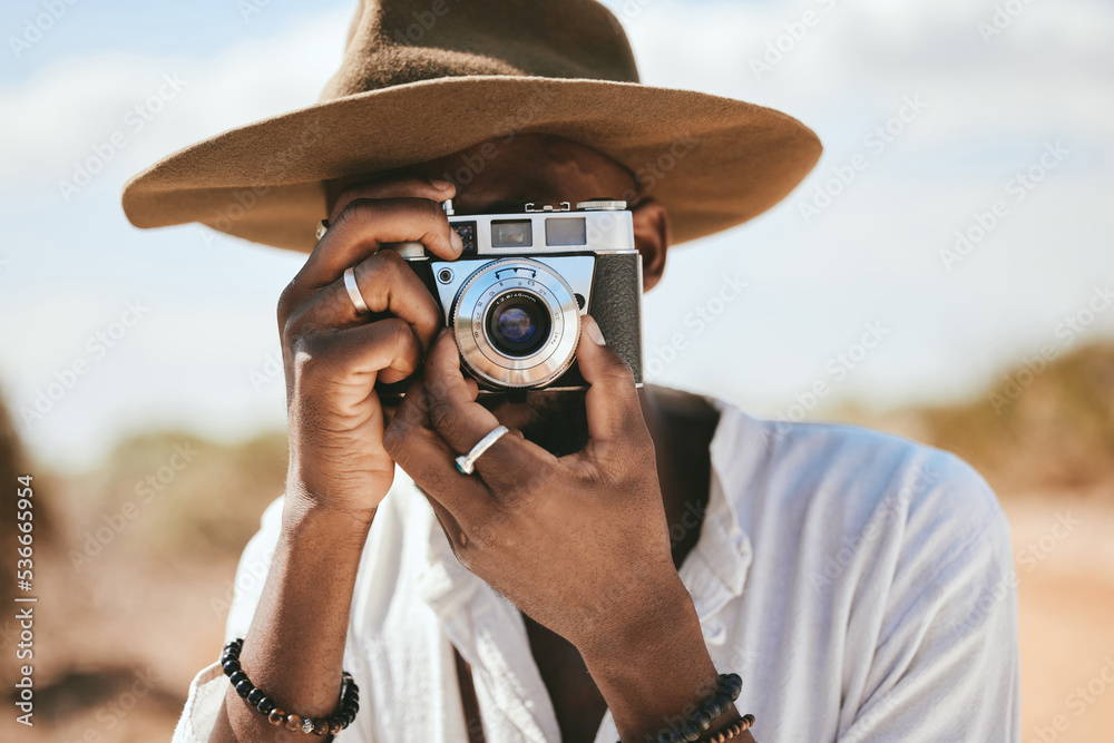 Tourist, photographer and black man with camera to take photograph or ...