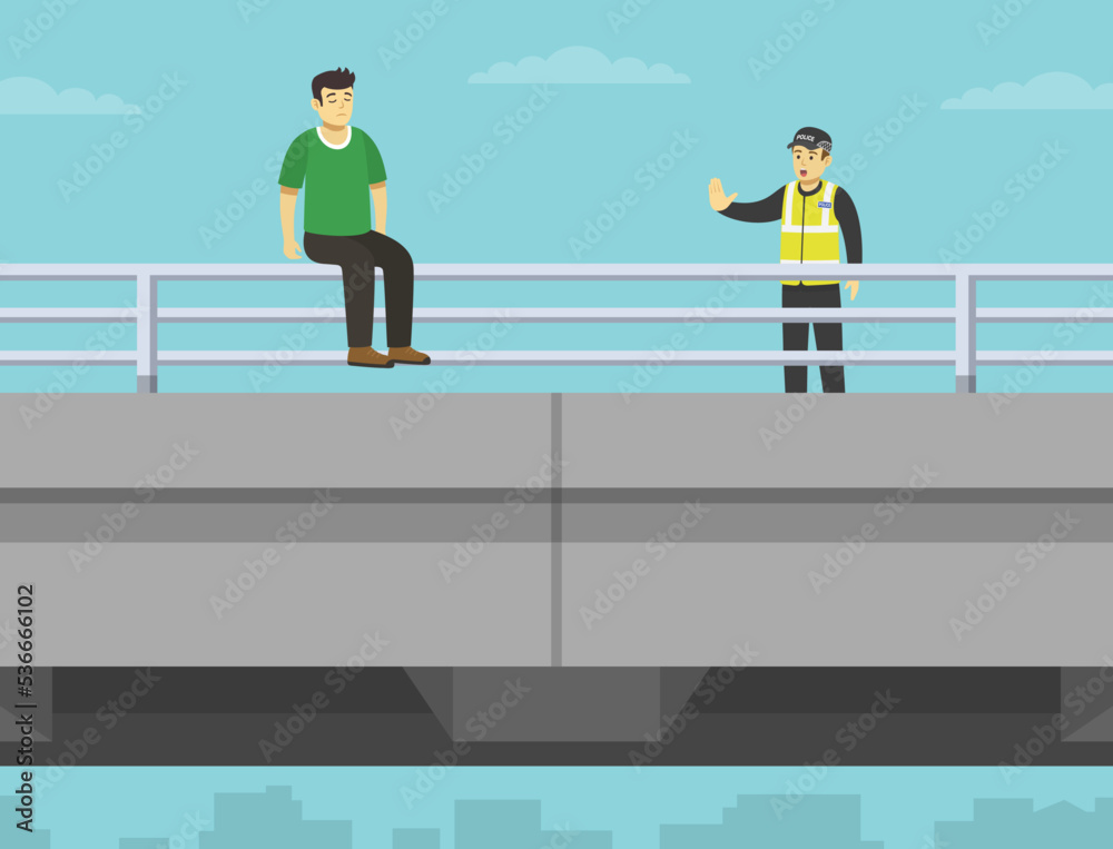 Police officer trying to stop suicide. Suicidal man is about to jump off bridge. Male character ...