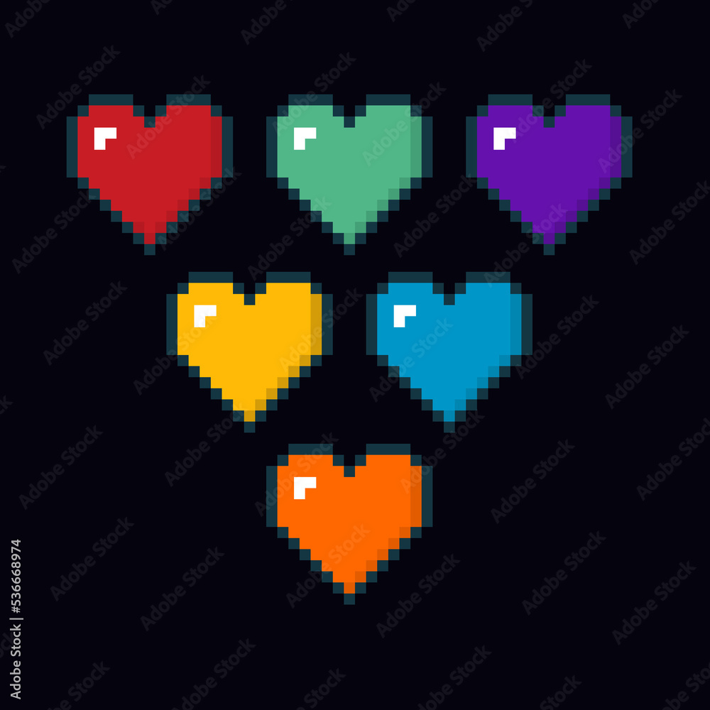 Corazones de diferentes colores en Pixel Art Stock Illustration | Adobe ...